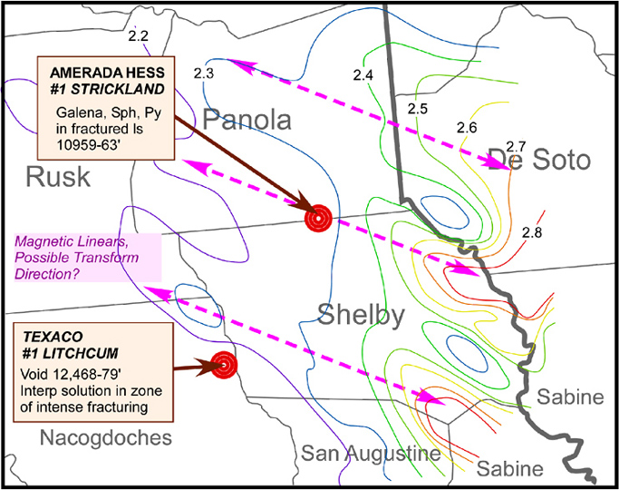 Figure 4. Geothermal gradient contours, magnetic linears, and two wells ...